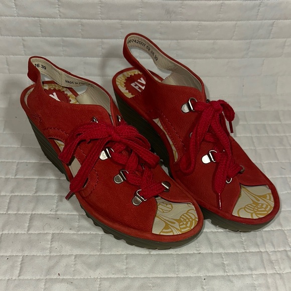 Fly London | Shoes | Fly London Red Leather Laceup Wedge Sandals Womens ...